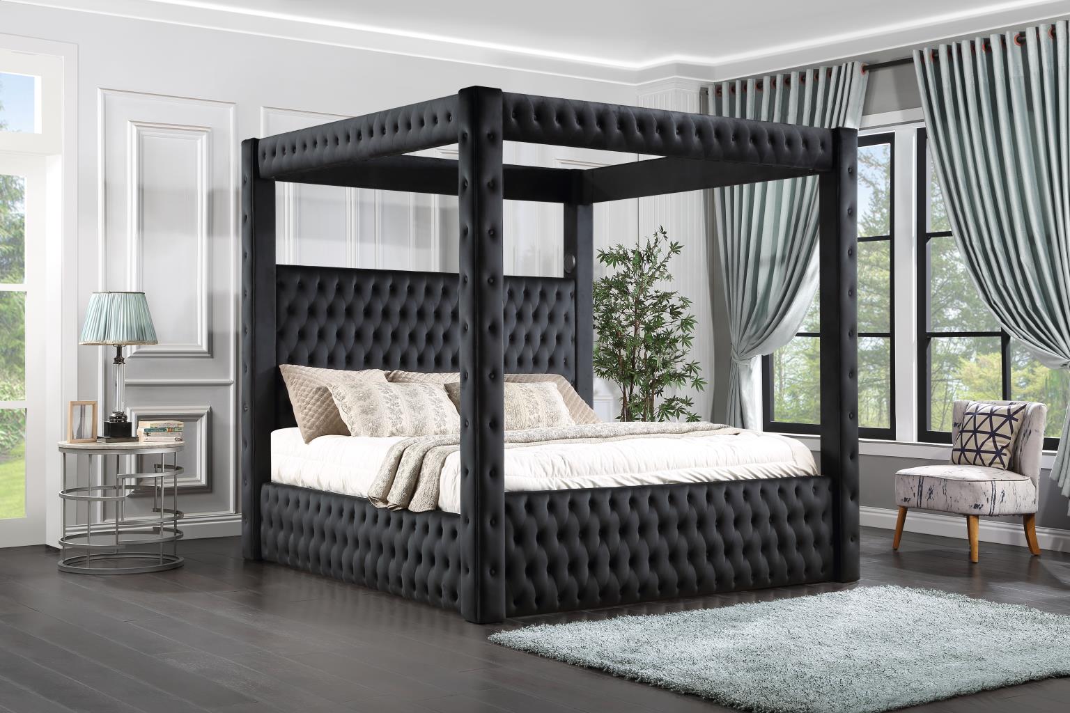 BLACK VELVET KING CANOPY BED FRAME W/BLUETOOTH SPEAKER & USB